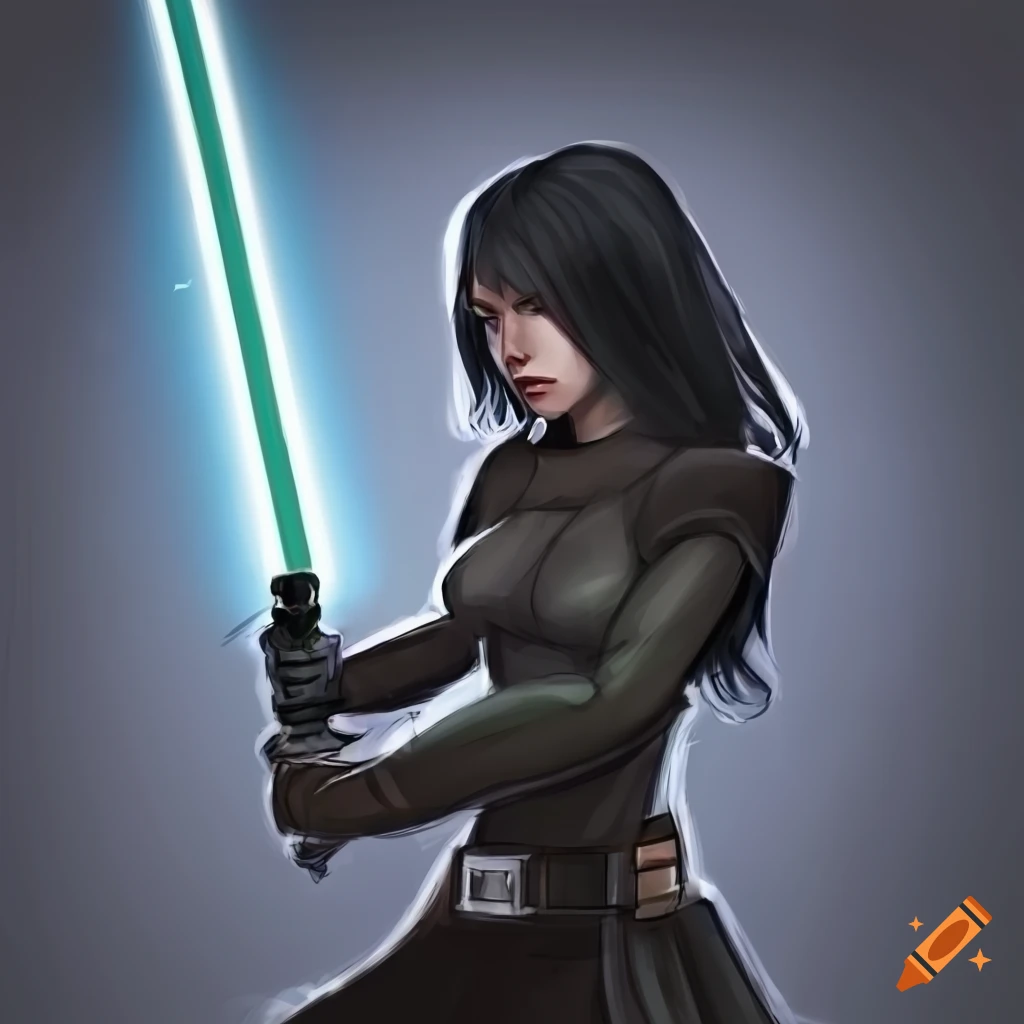 Female Jedi with black hair and blue eyes wielding a green lightsaber ...