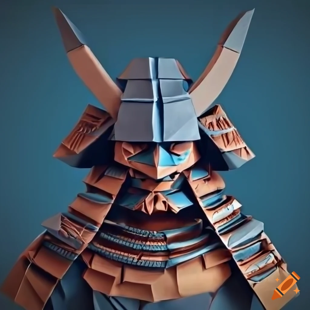 High poly origami samurai head on blue wood background on Craiyon