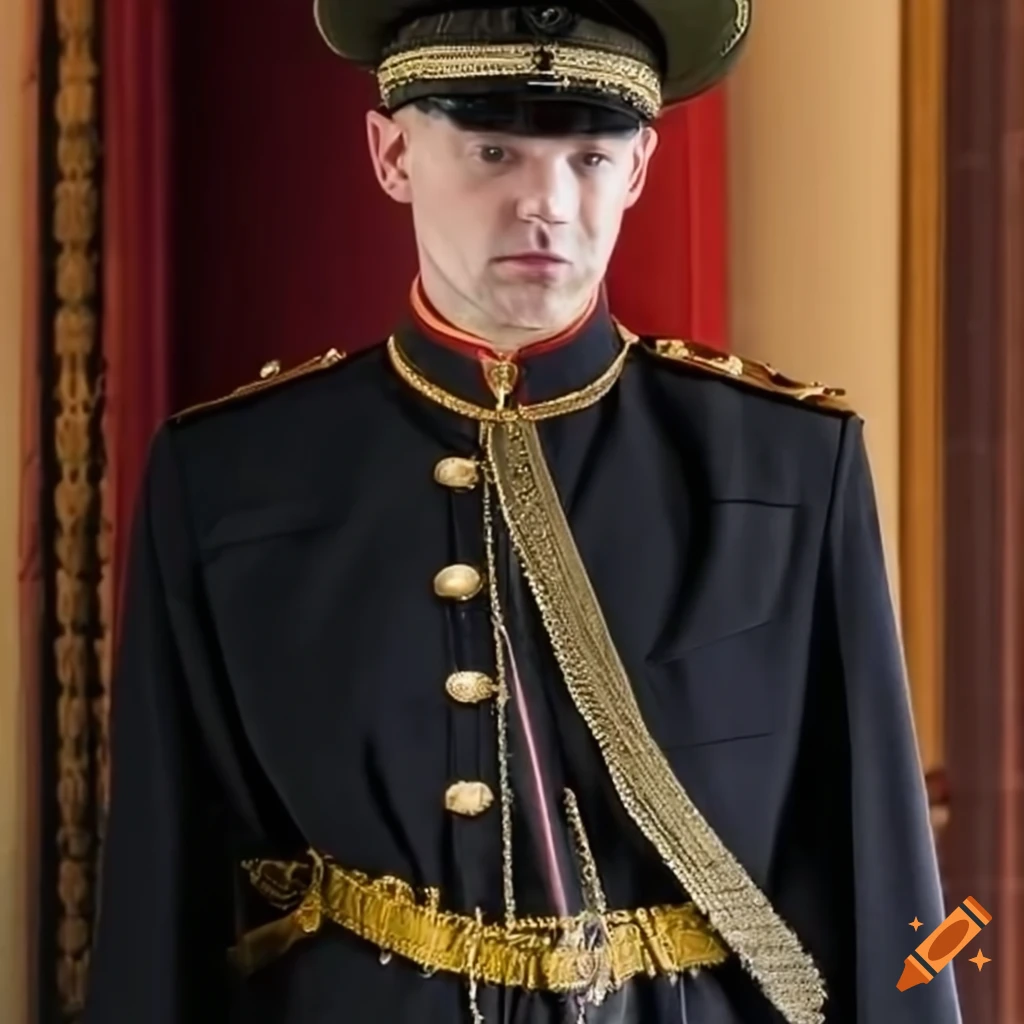 Russian man in traditional military attire in heritage architecture ...