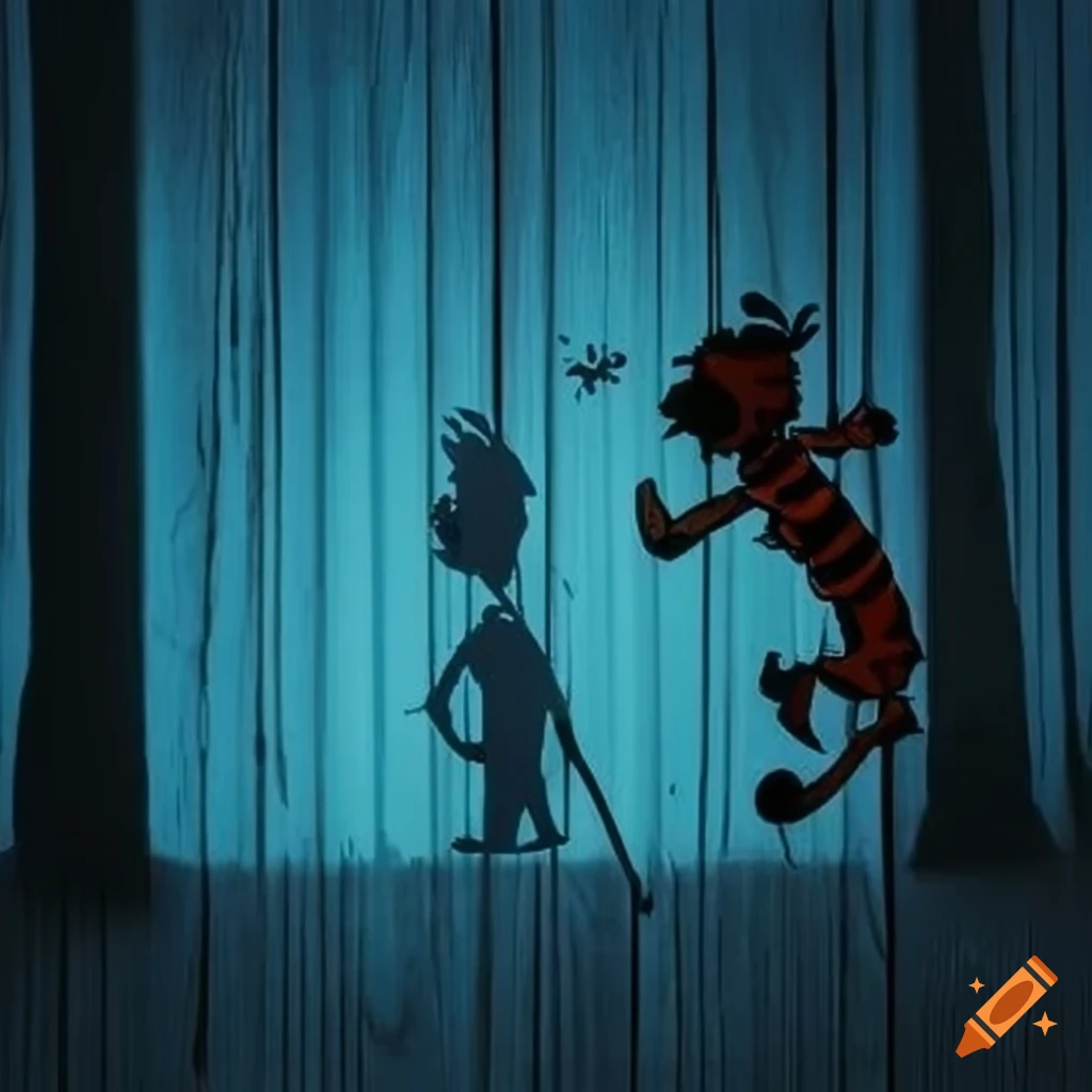 Shadow puppet theater featuring calvin and hobbes on a blue wooden ...