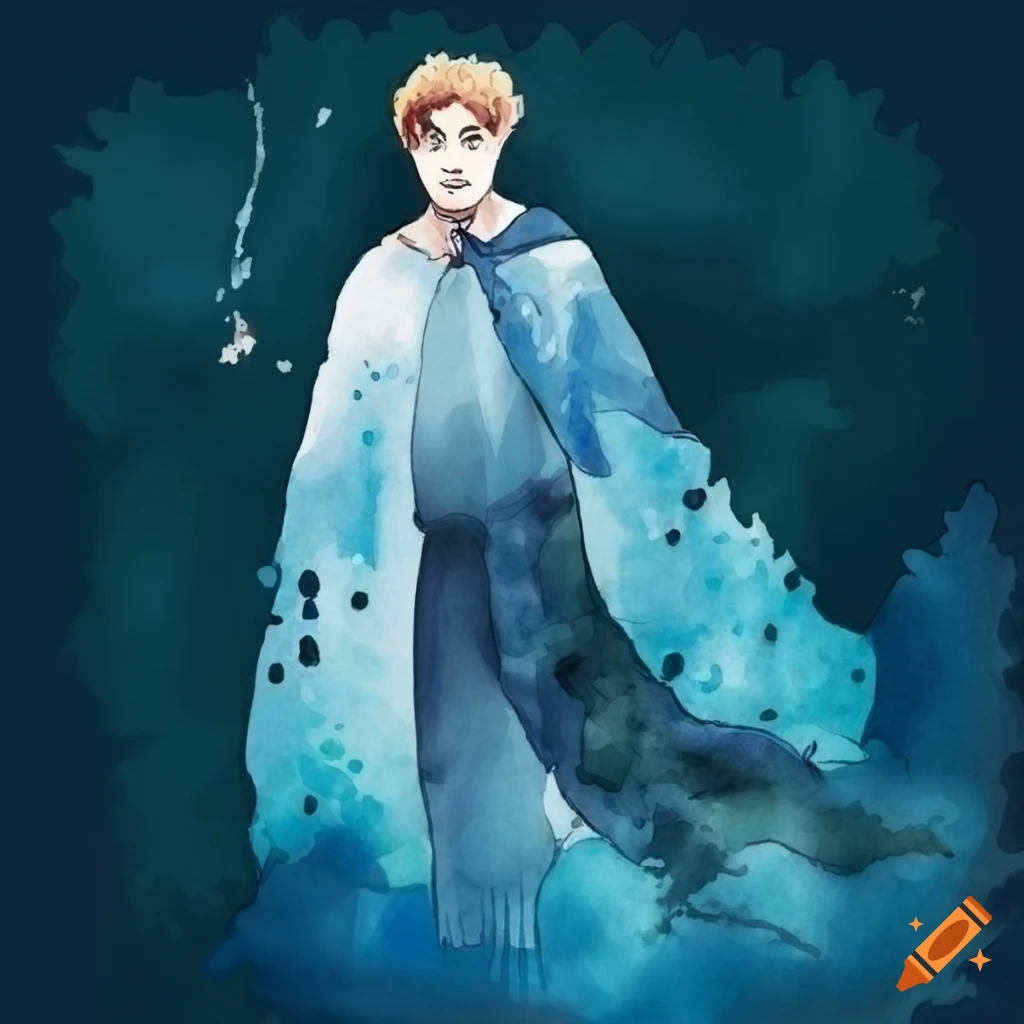 Male in cloak gracefully falling into water in watercolor style on Craiyon