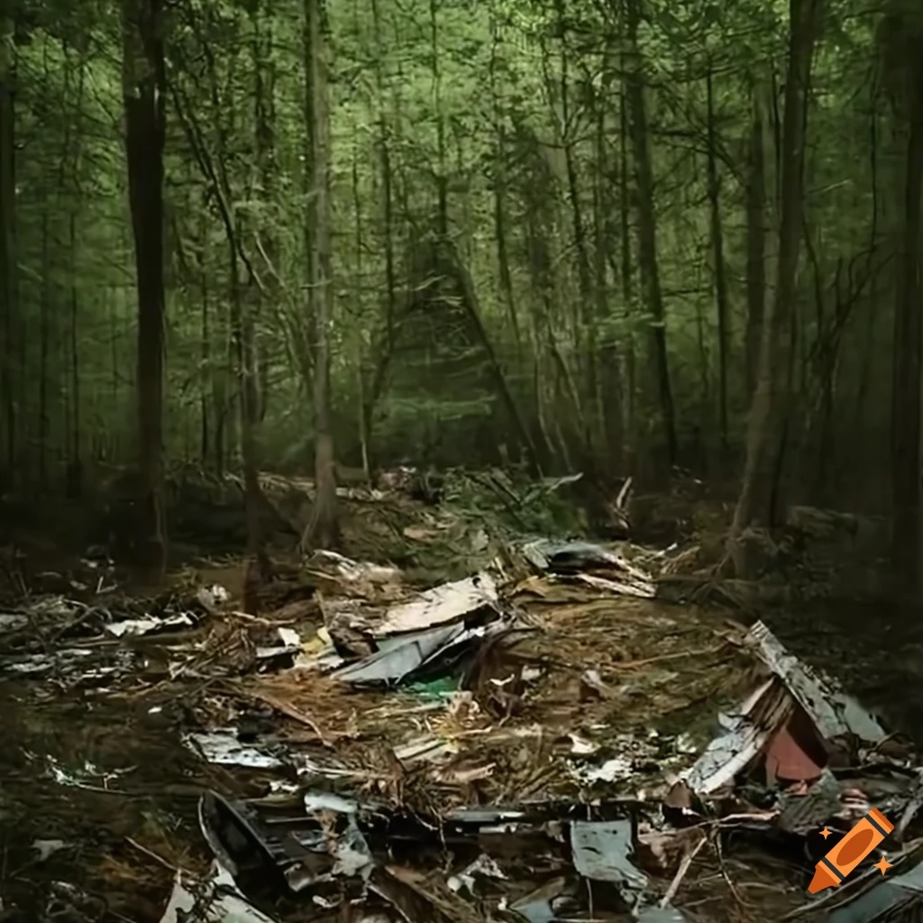 Forest view from inside a crashed plane with debris and luggage on Craiyon