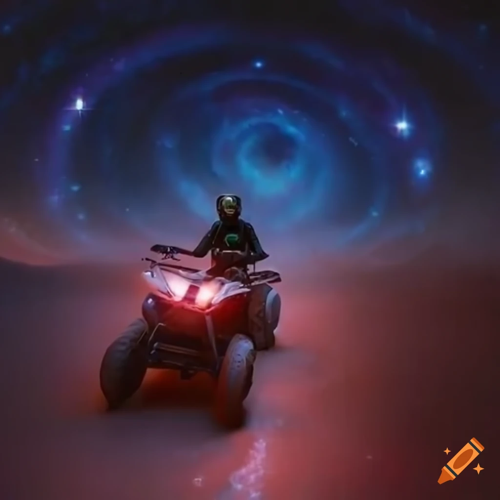 Futuristic quad bike exploring alien terrain with distant galaxies and ...