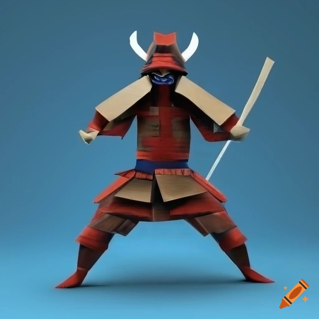 Origami samurai in high poly style on a blue wood background on Craiyon