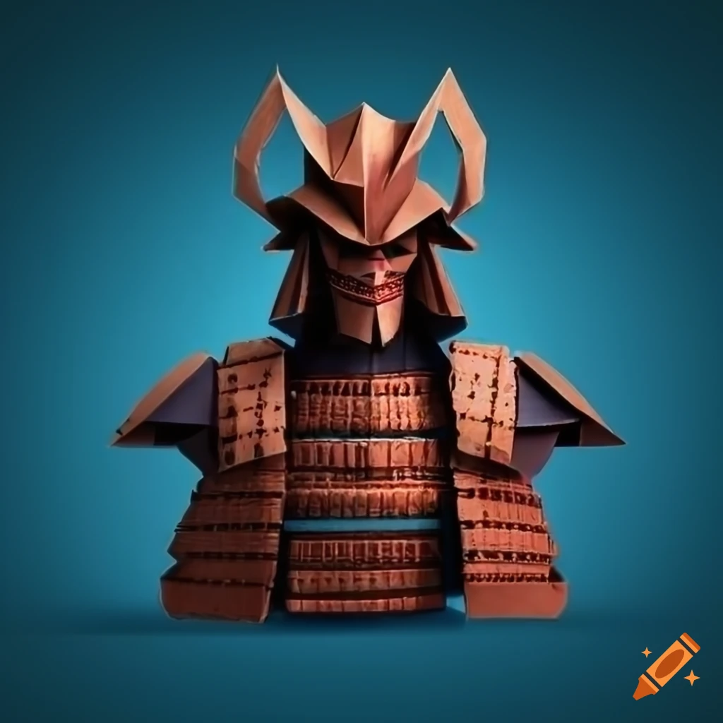 Origami high poly samurai on a blue wood background on Craiyon