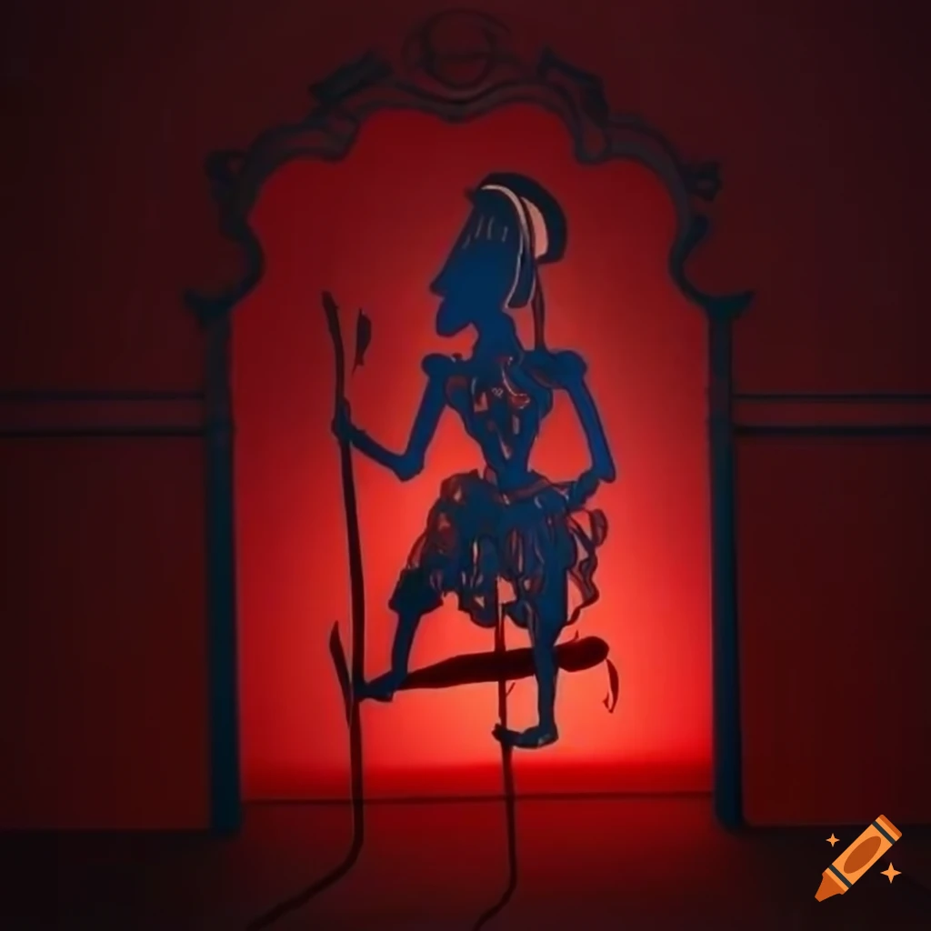 Shadow puppet theater with oriental characters on a blue and crimson ...