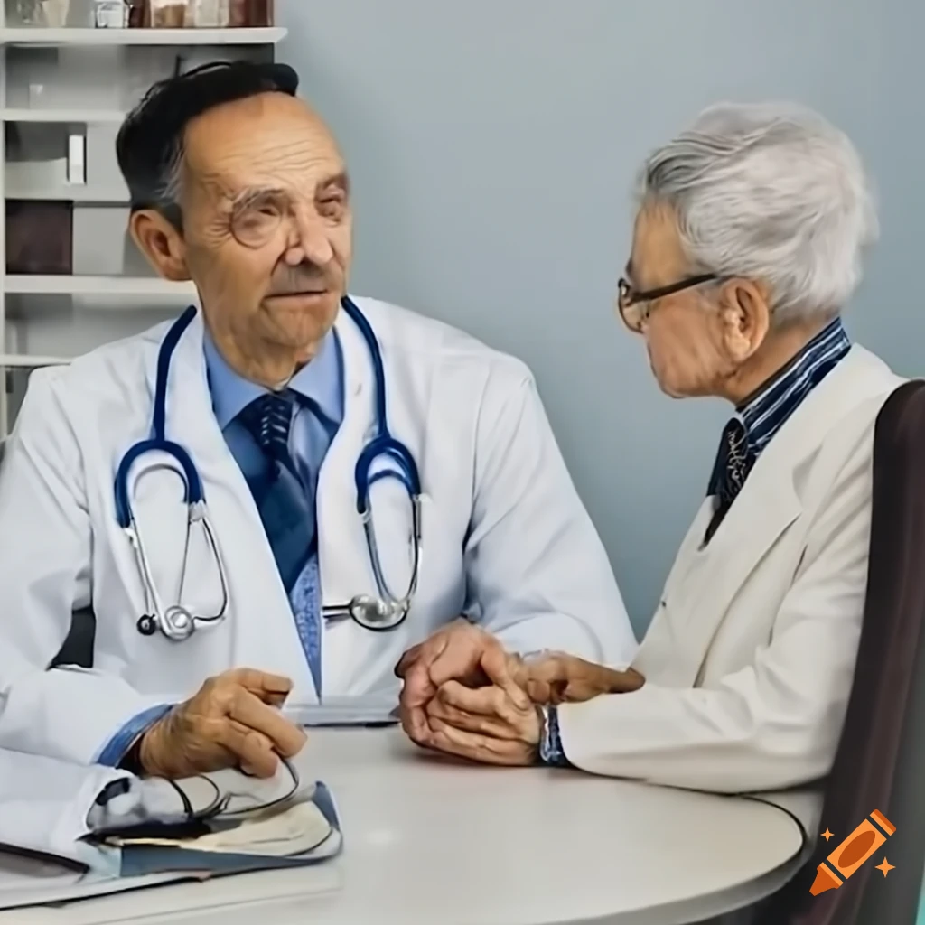 Old person talking to a doctor in an office on Craiyon