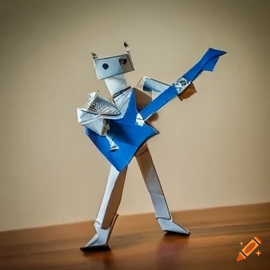 Origami paper robot playing an electric guitar on Craiyon