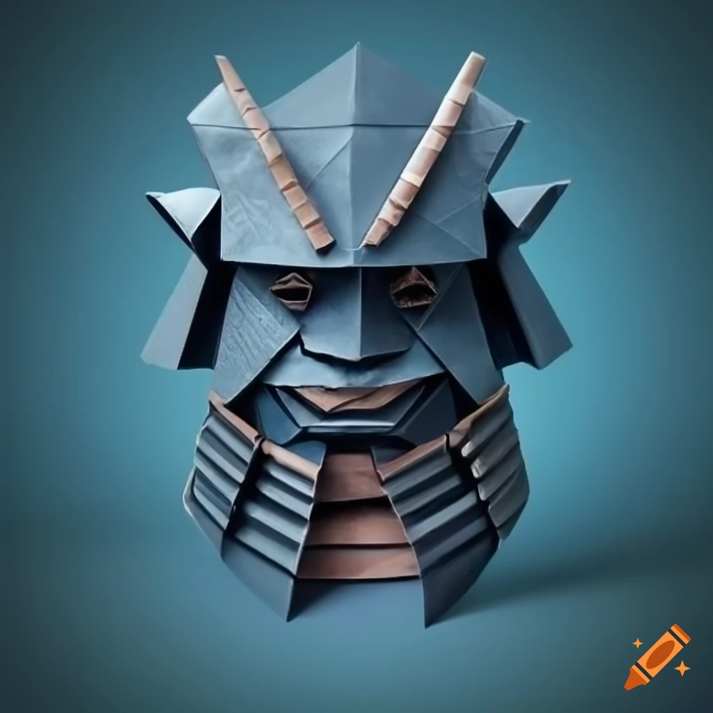 Origami high poly samurai head on blue wood background on Craiyon