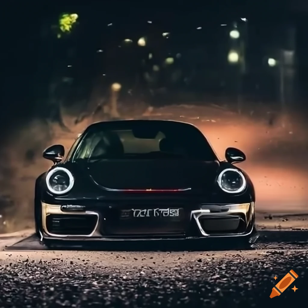 Porsche 911 gt3 driving at high speeds on a dark rainy night on Craiyon