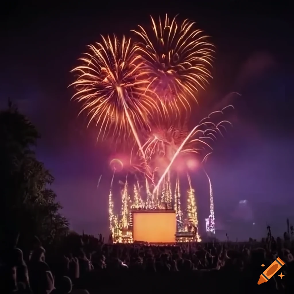 Fireworks illuminating the night sky over a crowd during an outdoor ...