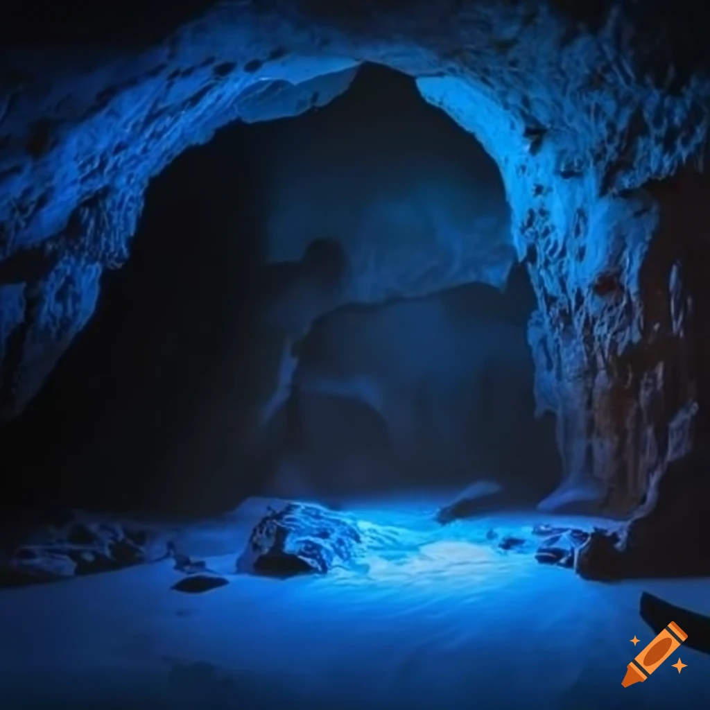 Damp cave illuminated by blue and black light on Craiyon