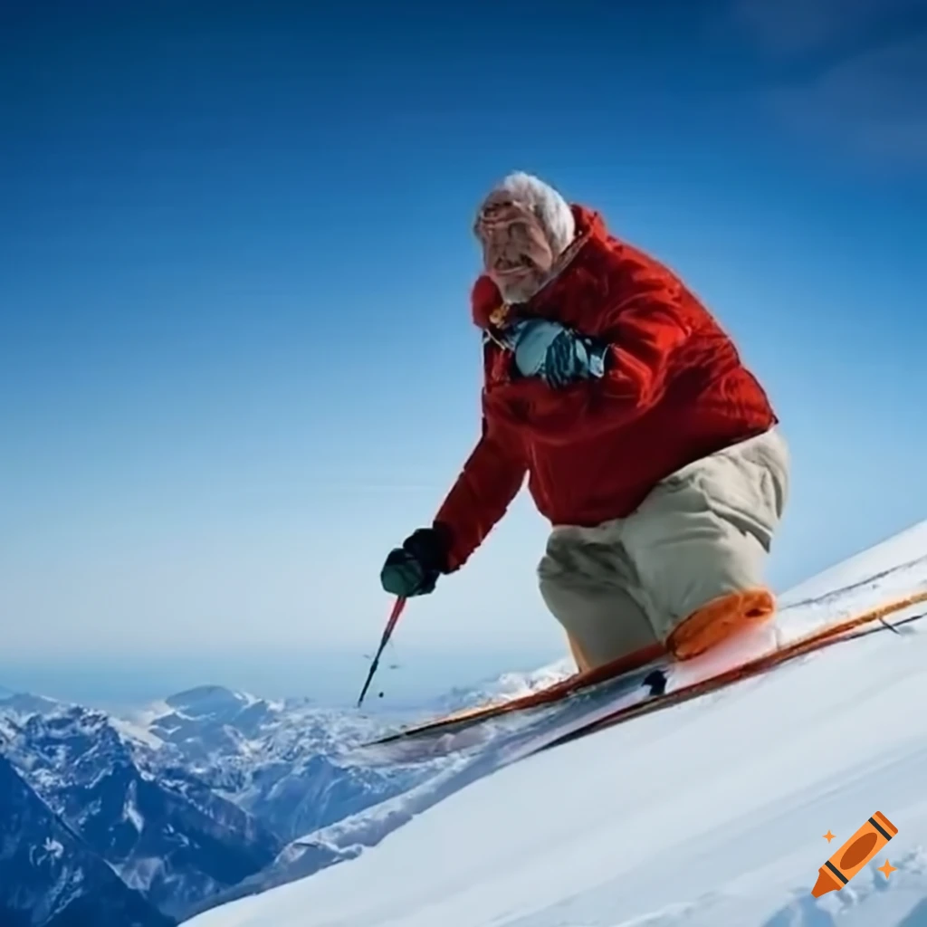 Elderly man skiing down a steep hill on Craiyon