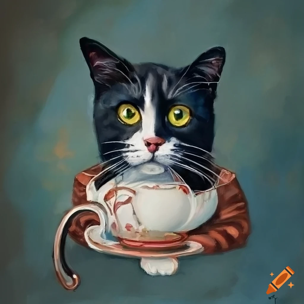 Painting of a tuxedo cat with a paisley ascot in a social setting on ...