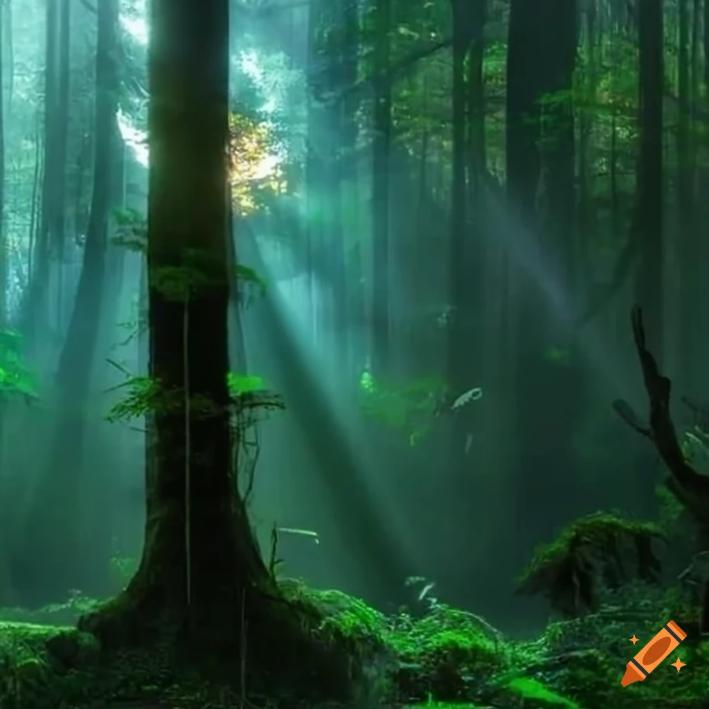 Sun beams shining through a rainforest canopy on Craiyon