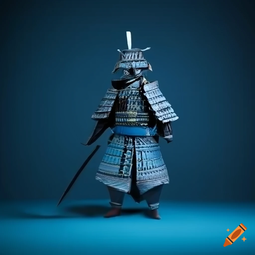 Origami samurai in high poly design on a blue wood background on Craiyon