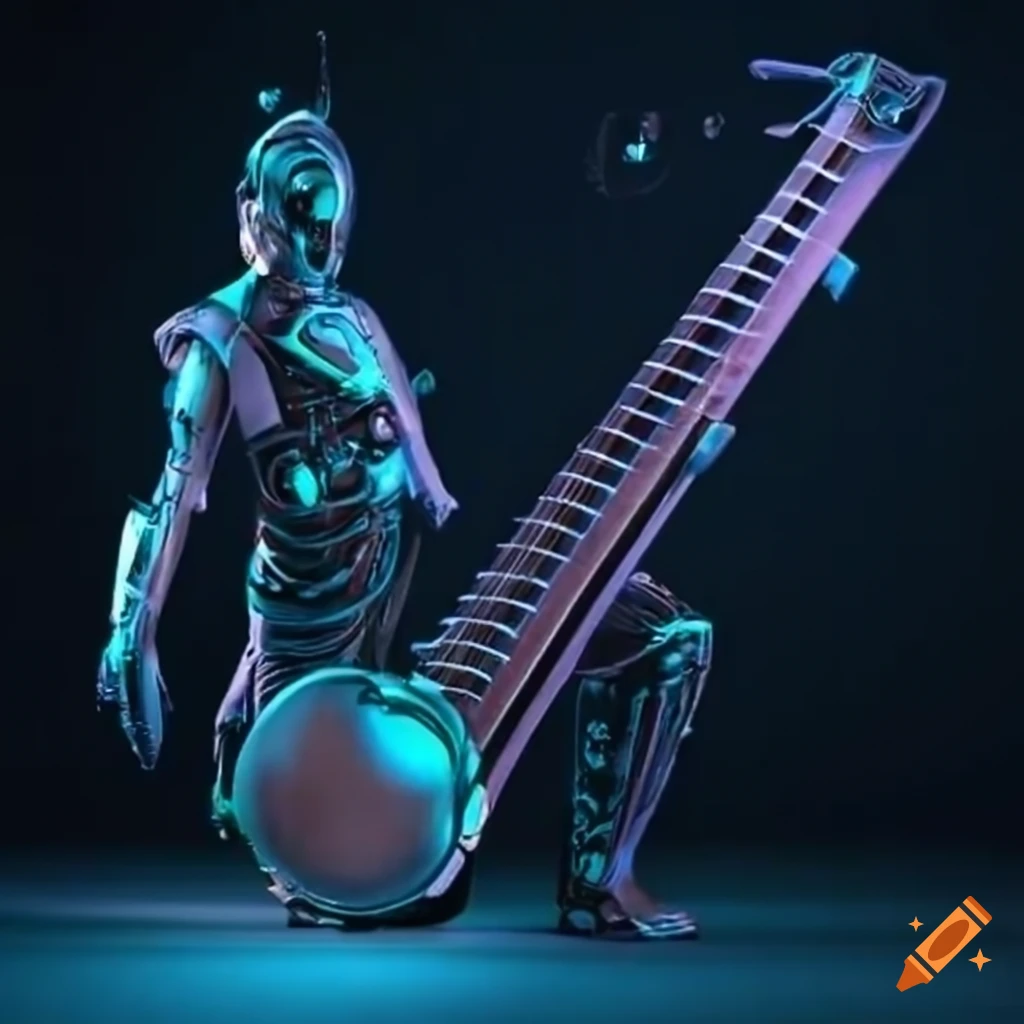 Futuristic mongolian music instrument with cybernetic enhancements on ...