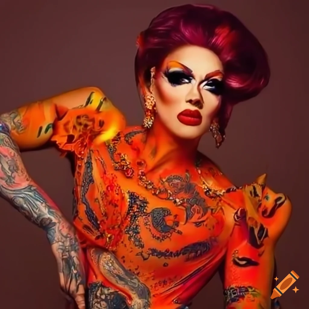 Outfit for a drag queen with tattoos, orange, red & yellow fluorescent ...
