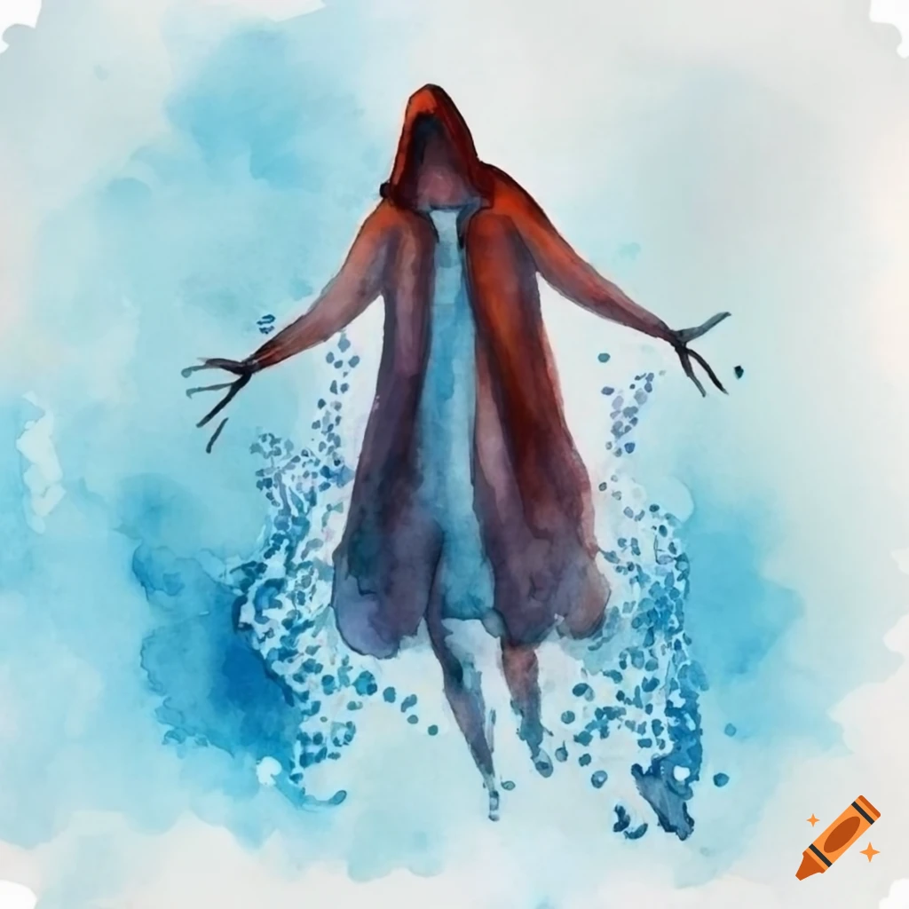 Male in cloak gracefully falling into water in watercolor style on Craiyon