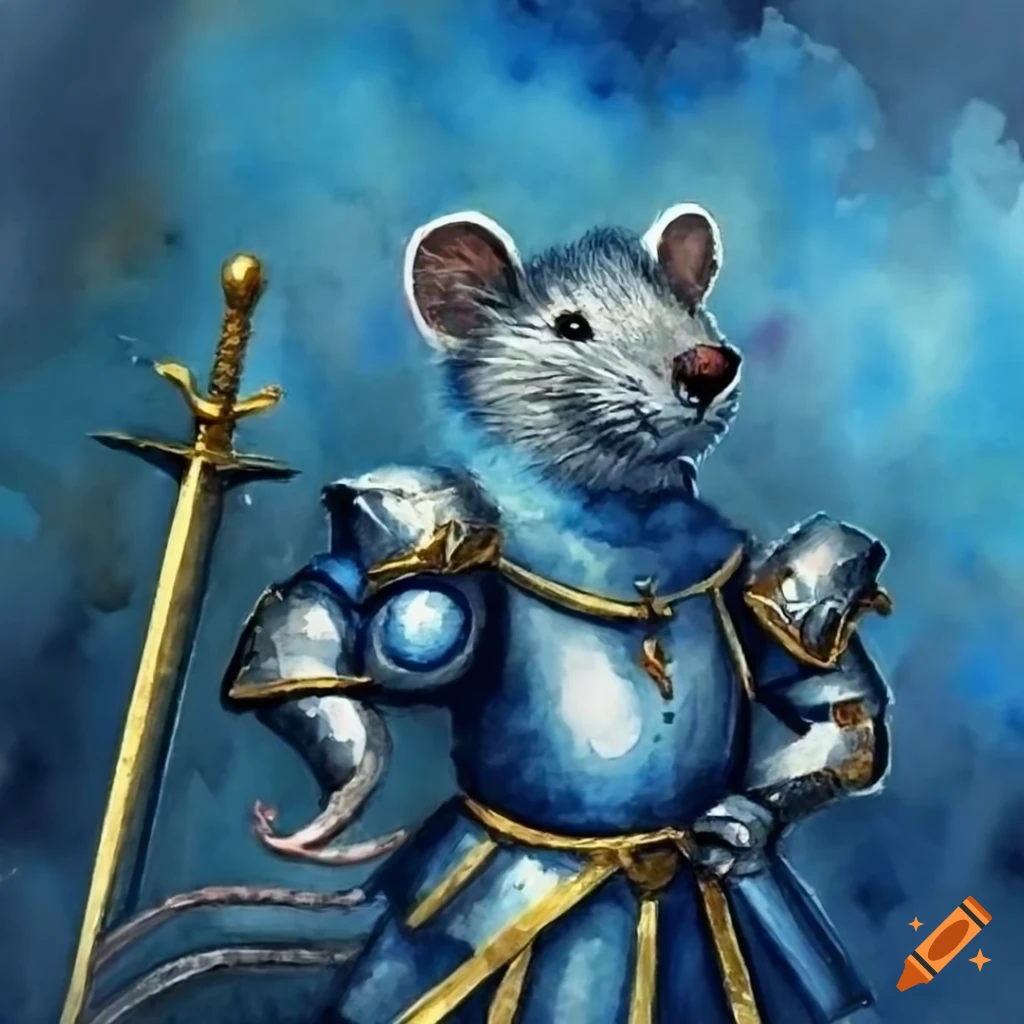 Silver-furred mouse knight in blue and gold armor with sword in ...