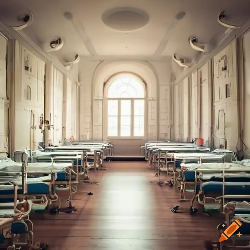 Vintage hospital ward with old medical equipment and hospital beds on ...