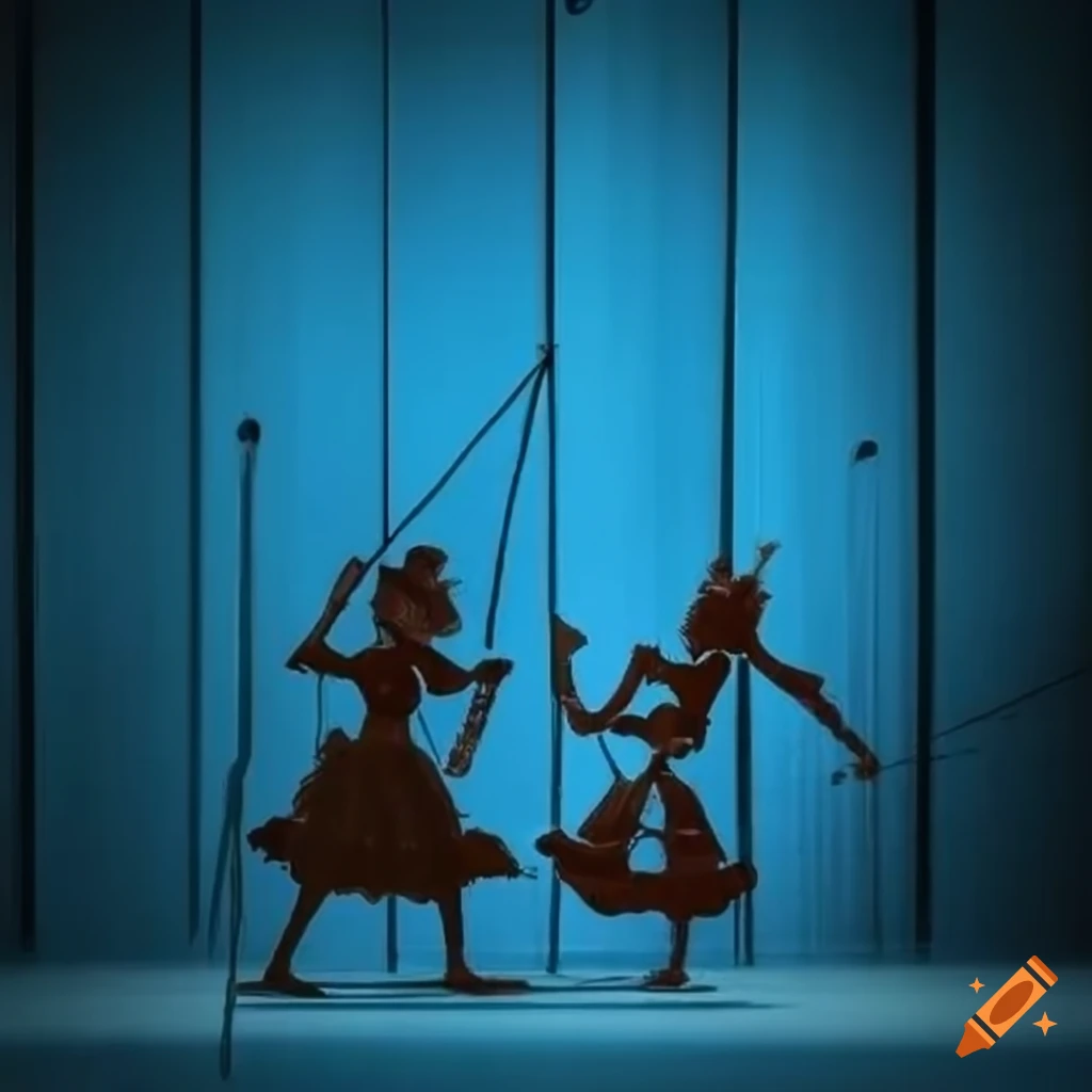 Shadow puppet theater performance on blue wood background on Craiyon