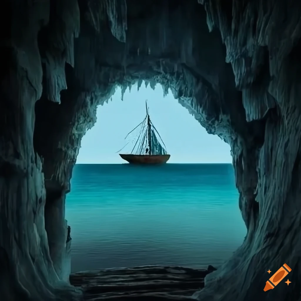 Ship in a cave docked at a wooden pier on Craiyon