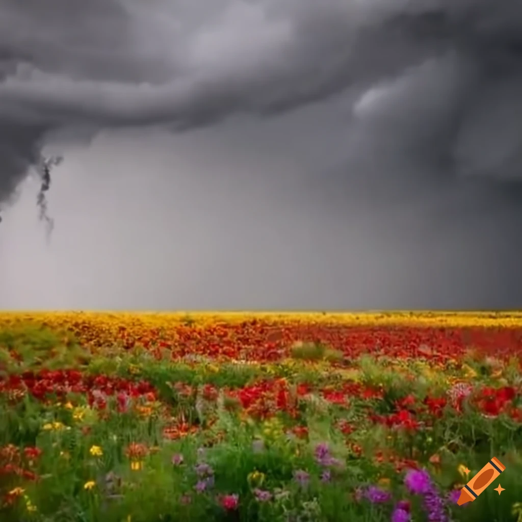 Fields of flowers in a tornado under bad weather conditions on Craiyon