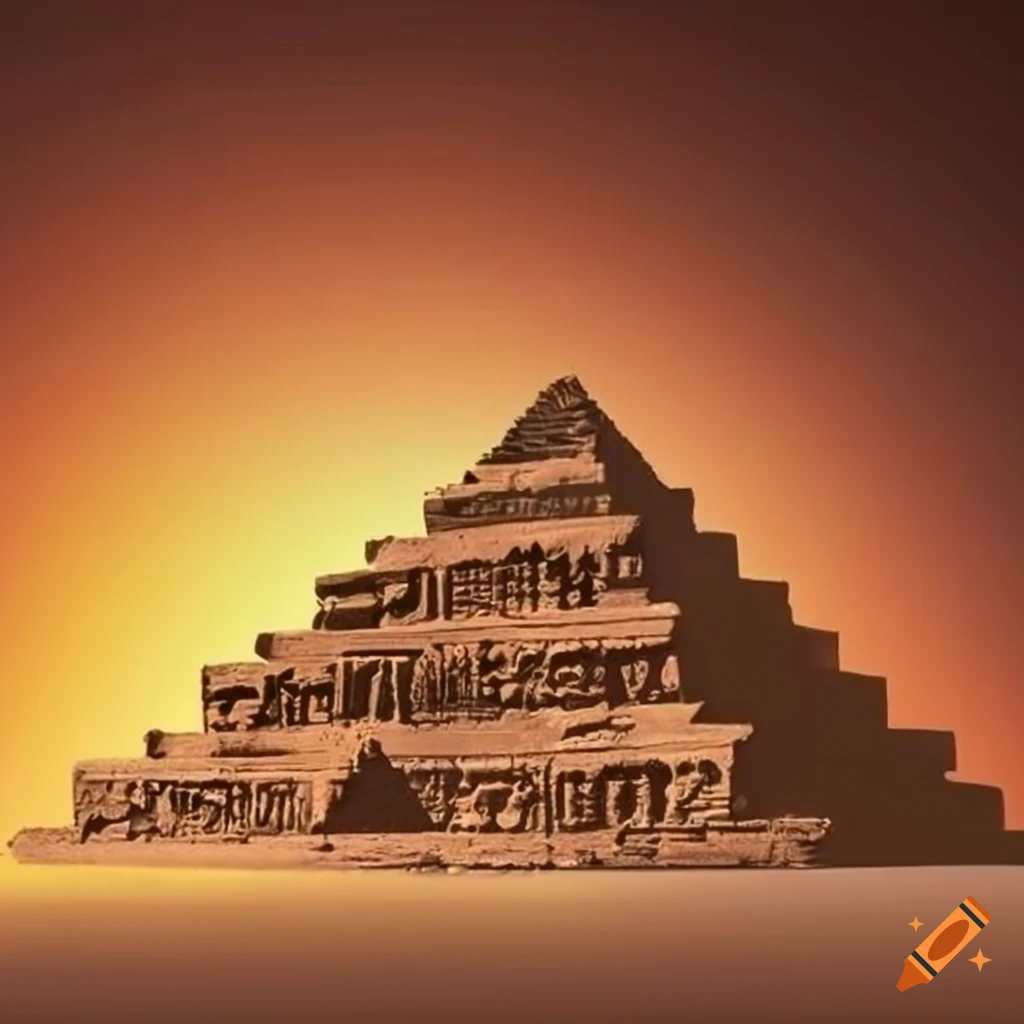 Antique stepped pyramid with hieroglyphics and three distinctive levels ...