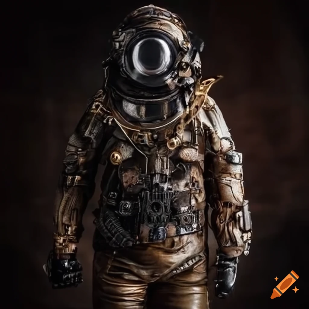 Post-apocalyptic cyborg in leather and space suit on Craiyon