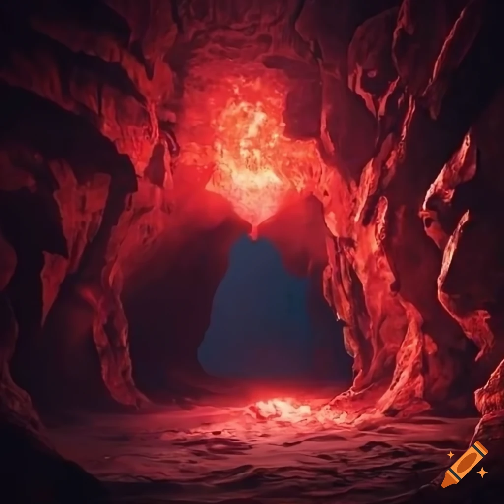 Detailed view of a dark fiery underworld cave with glowing red crystals ...