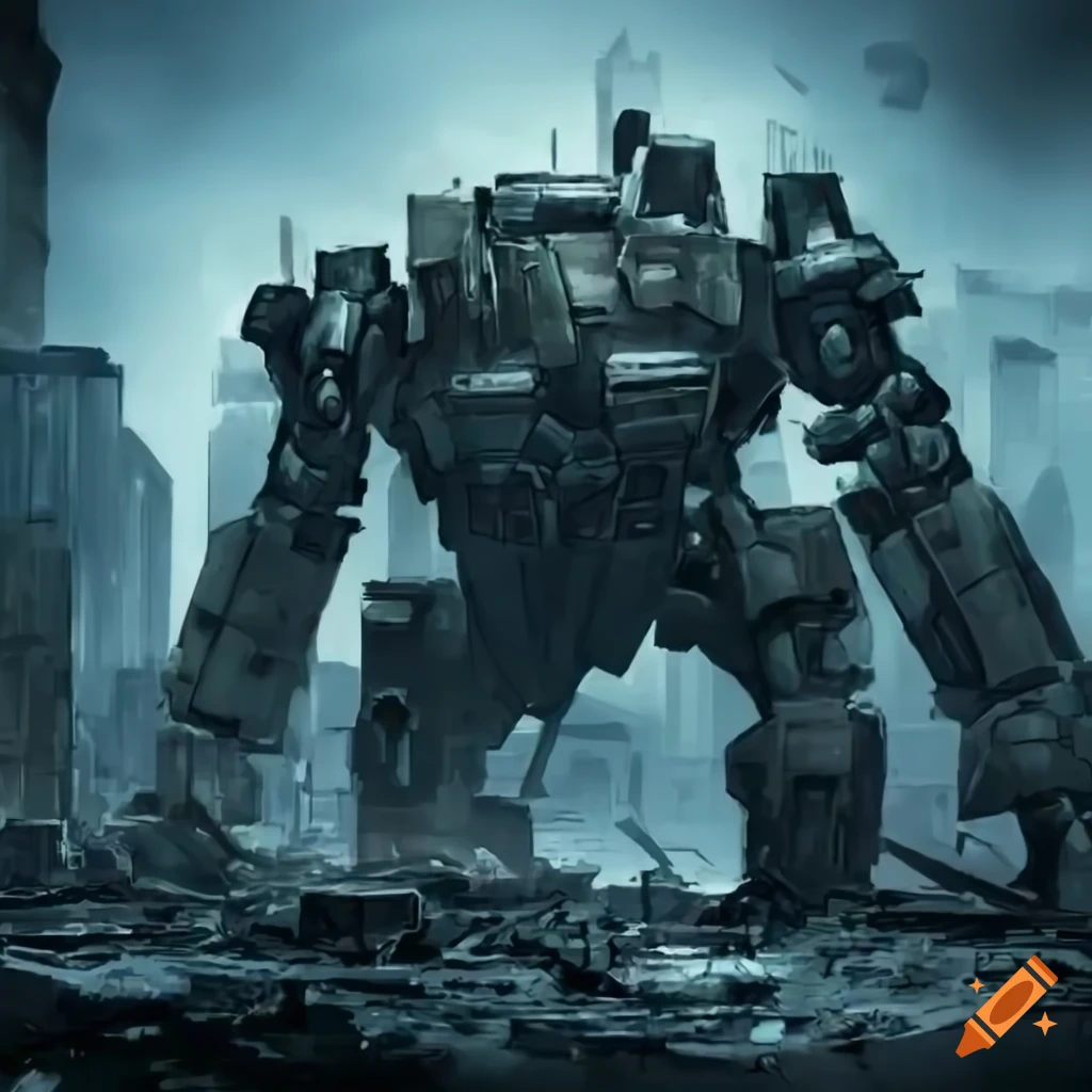 Defeated mecha in a ruined cityscape on Craiyon