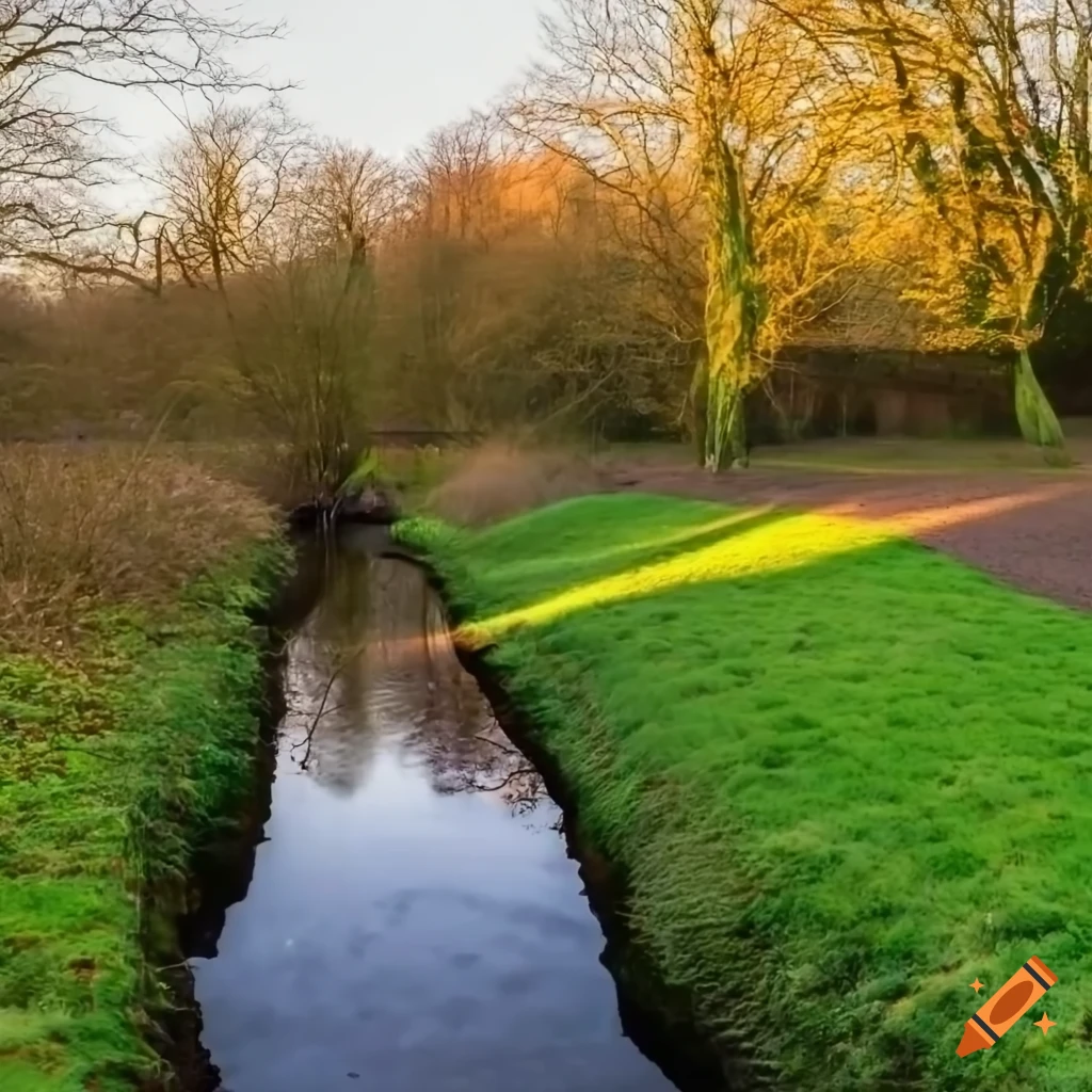 Knighton park gardens with a stream at sunset in Leicester, England on ...