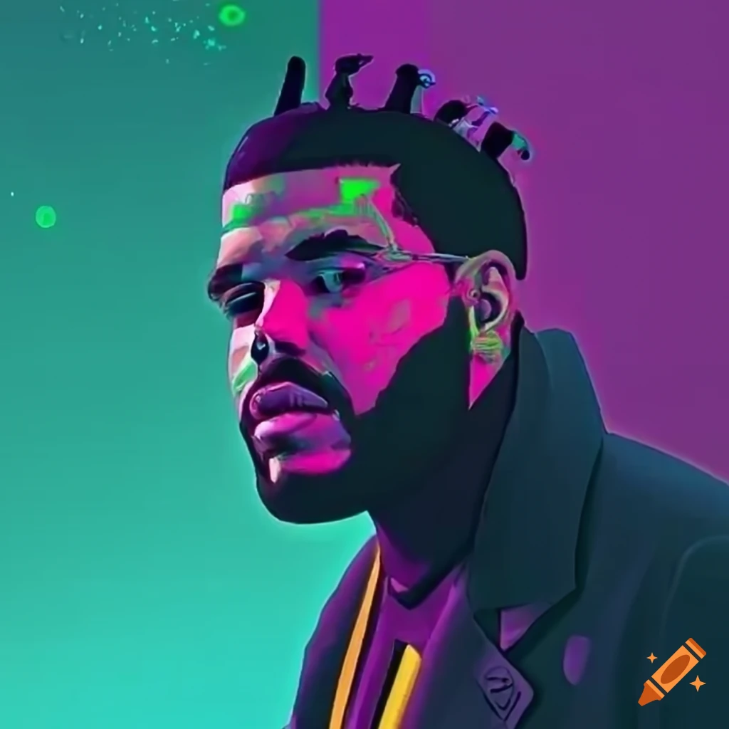 Robot drake and the weeknd in vaporwave colors on Craiyon