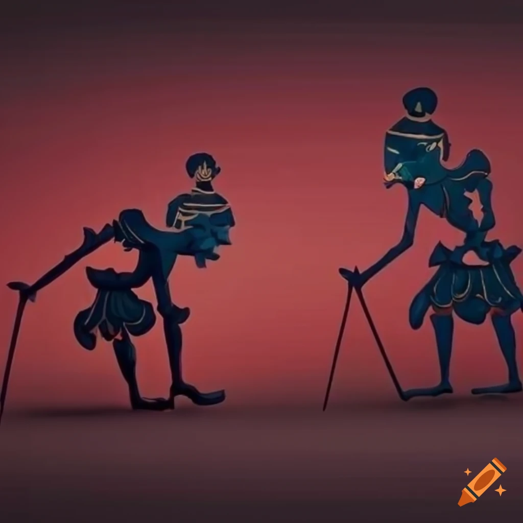 Shadow puppet theater with oriental character set against a blue and ...