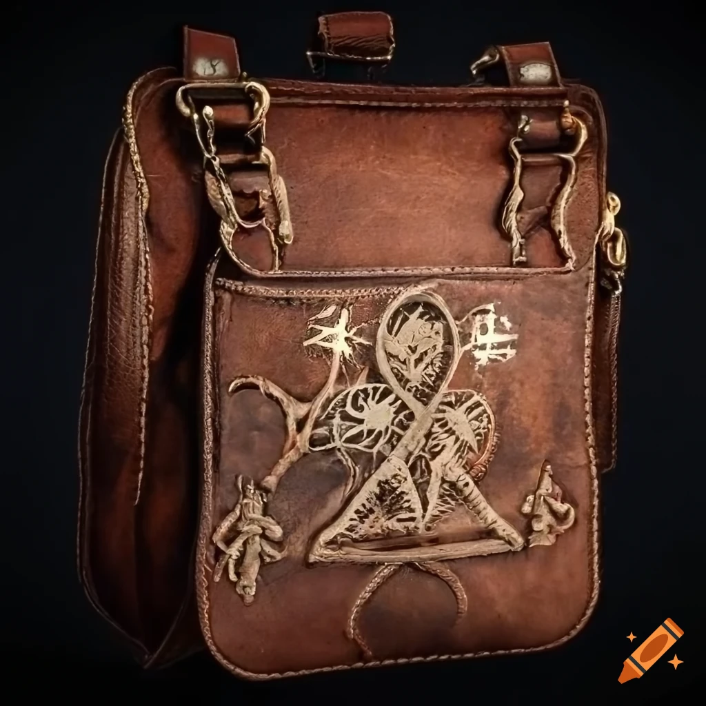 Occult leather bag with mysterious symbols on Craiyon