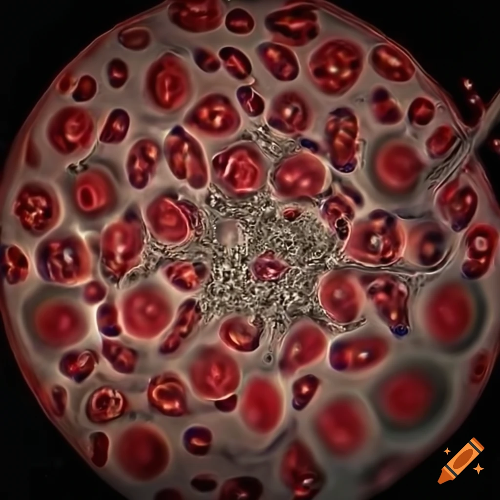 Microscopic silver construction nails with red blood cells in a blood ...