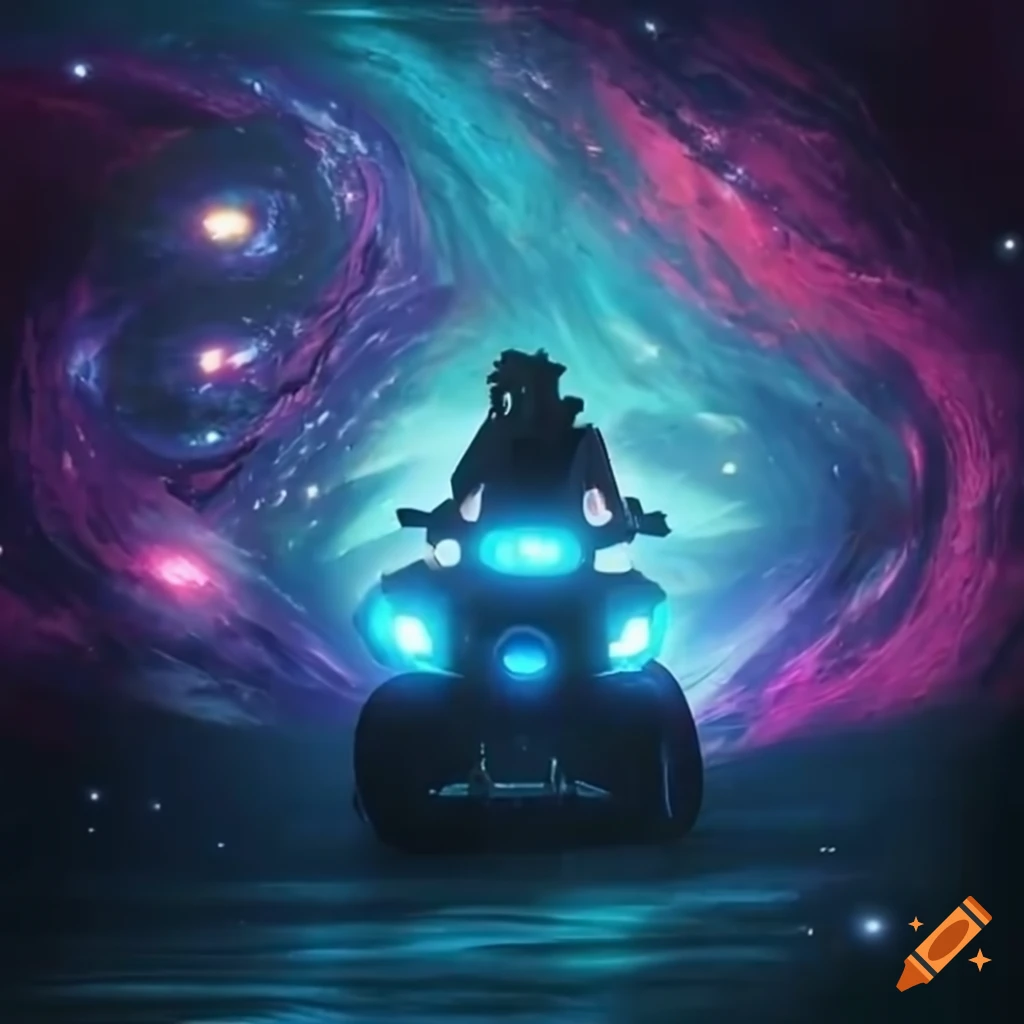 Futuristic quad bike in an otherworldly terrain with distant galaxies ...