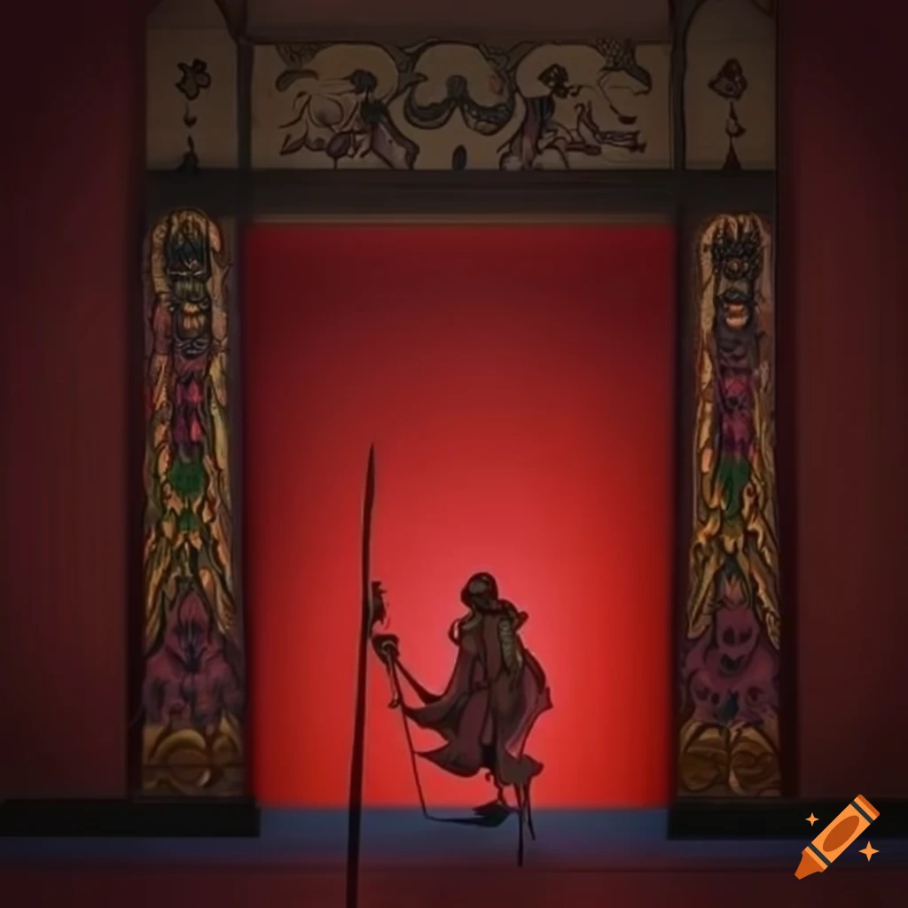 Shadow puppet theater with oriental characters on a blue and crimson ...