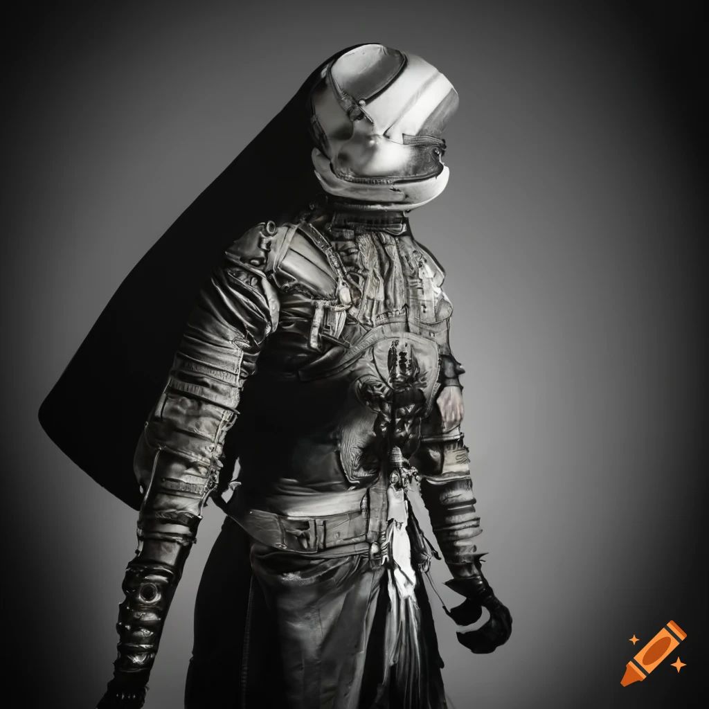 Insect astronaut in a unique futuristic Victorian-era black spacesuit ...