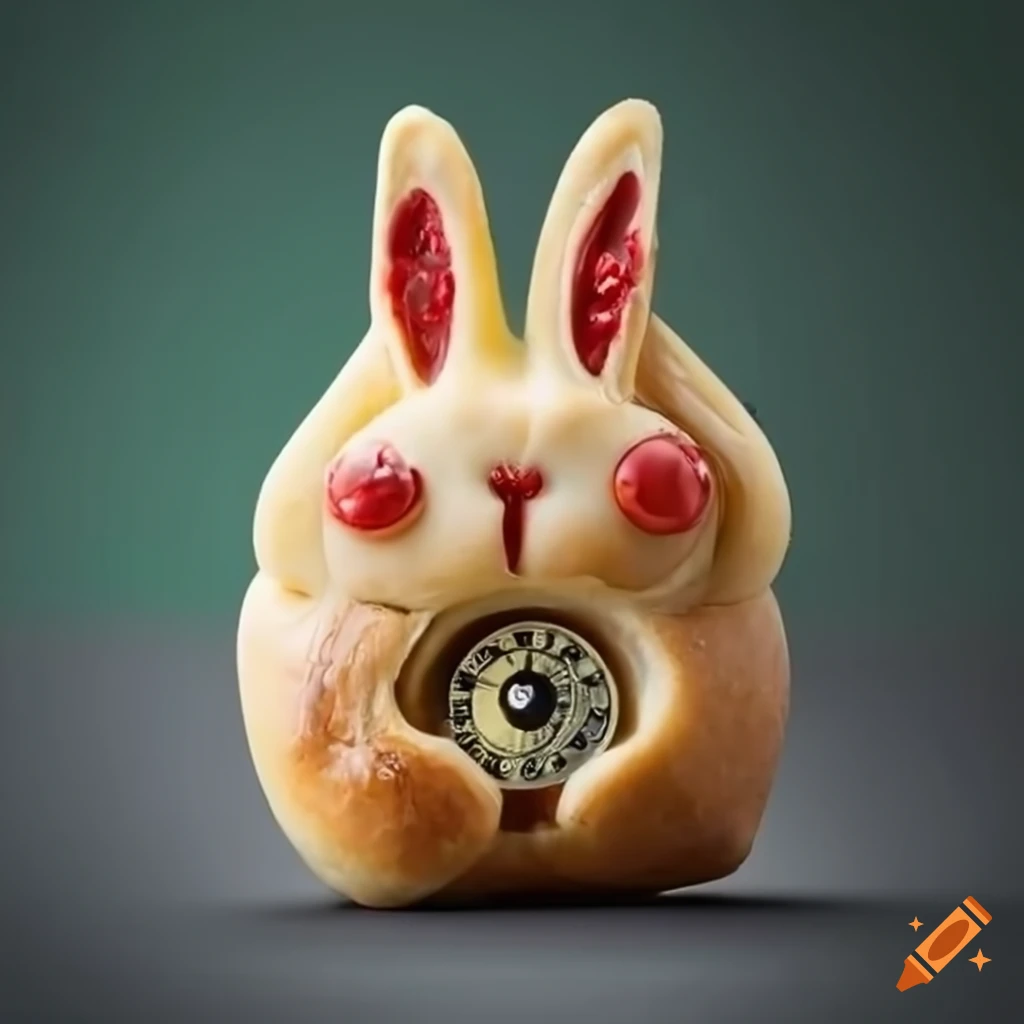 Rabbit-shaped pastry with a pocket watch design on Craiyon