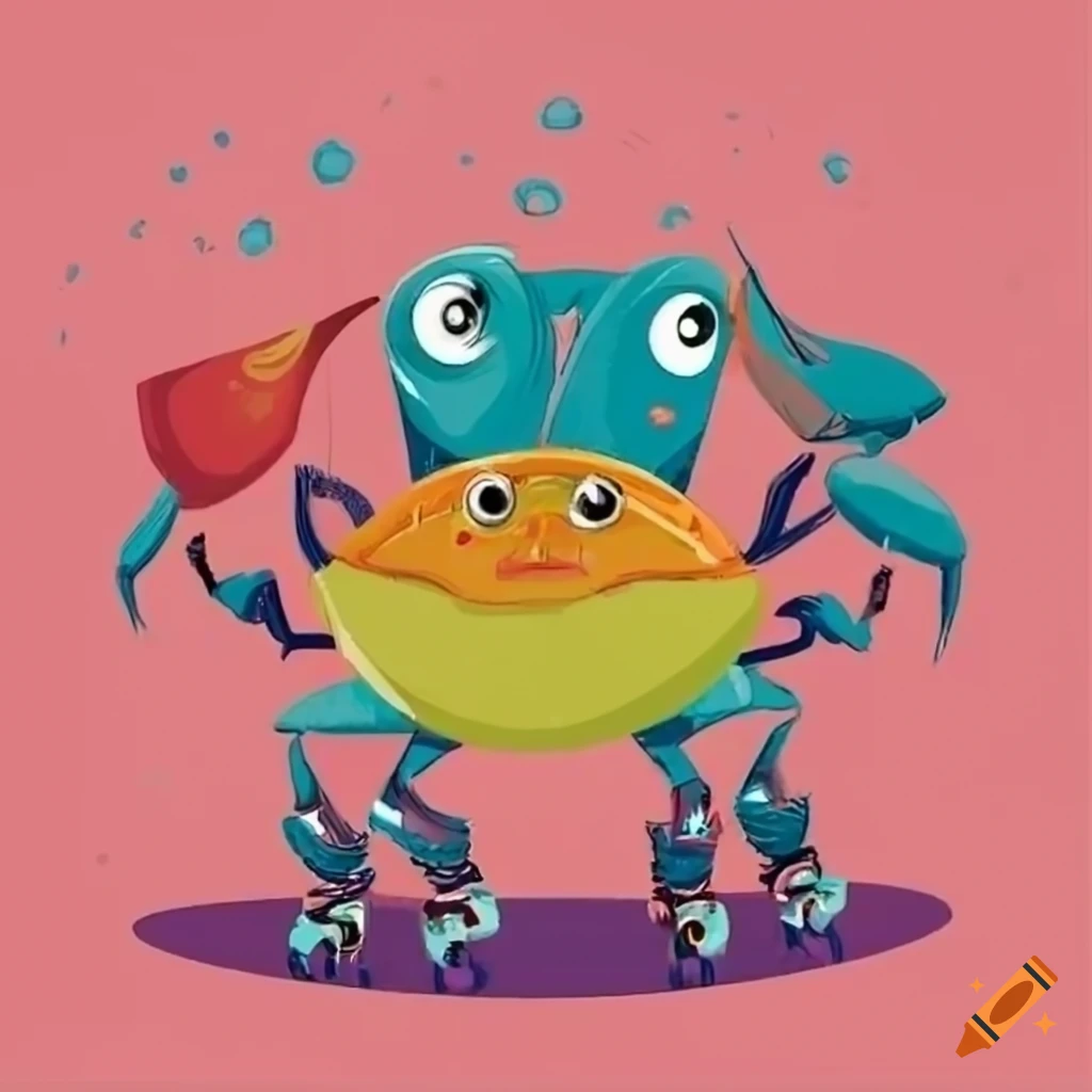 Quirky illustration of roller skating crabs in a side surfing ...