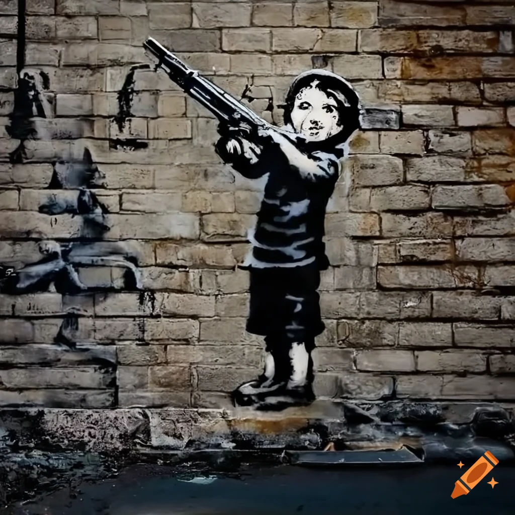 Banksy-inspired mural of child with toy gun in urban war-torn landscape on Craiyon