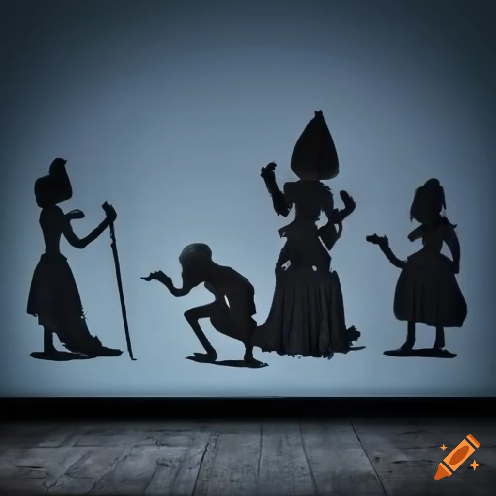 Shadow puppet theater performance on a blue wooden background on Craiyon