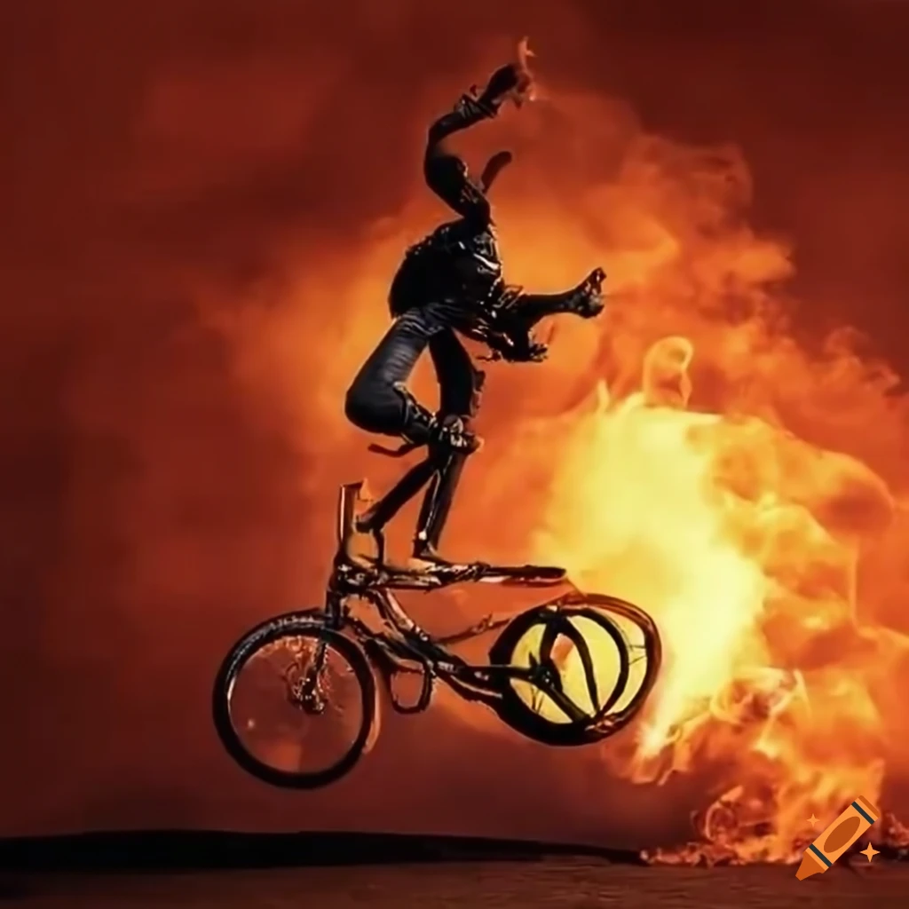 Skeleton biker jumping over a flaming ramp, extreme biking thrill on ...