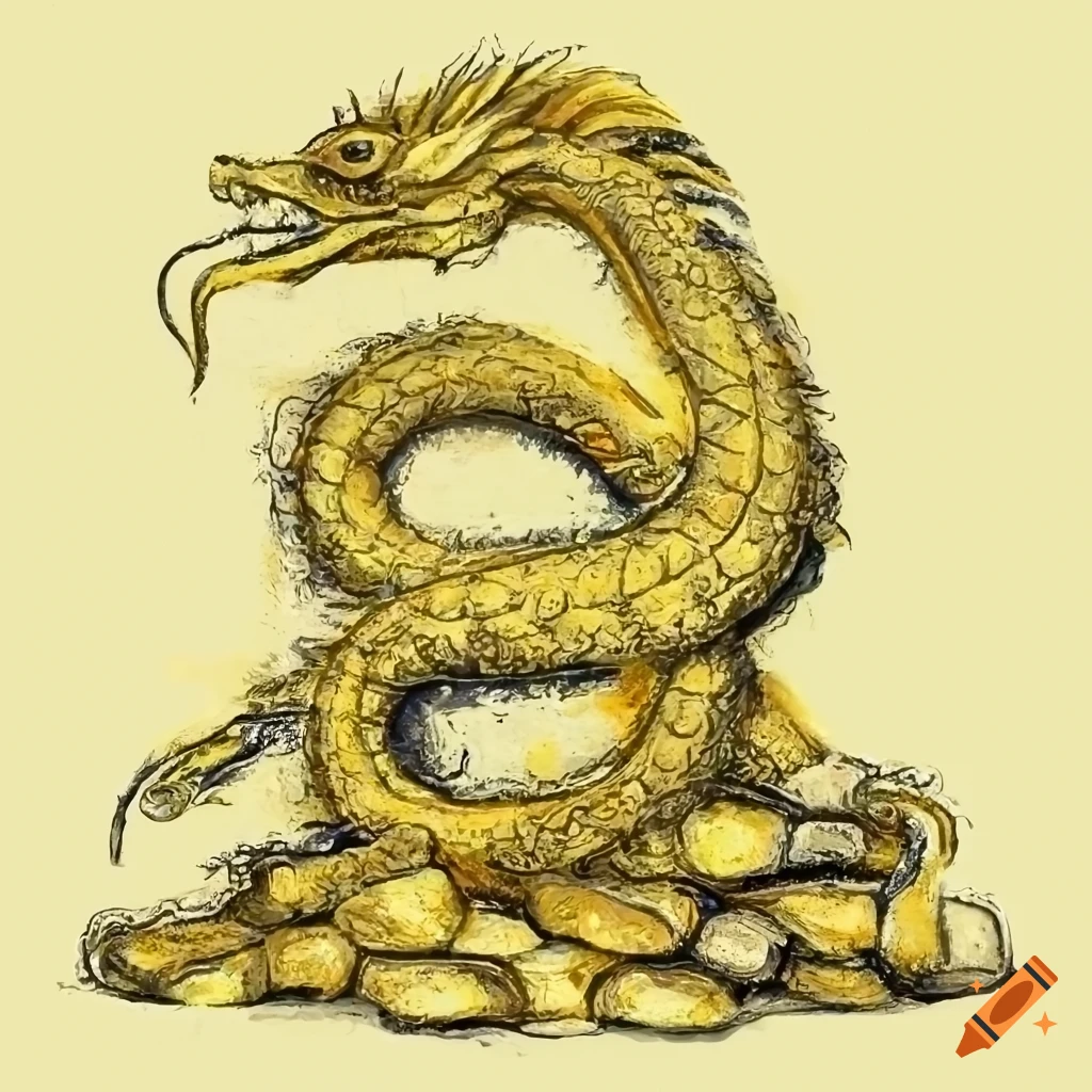 Ancient stone wall with painted gold snake dragon over gold pile, oil ...