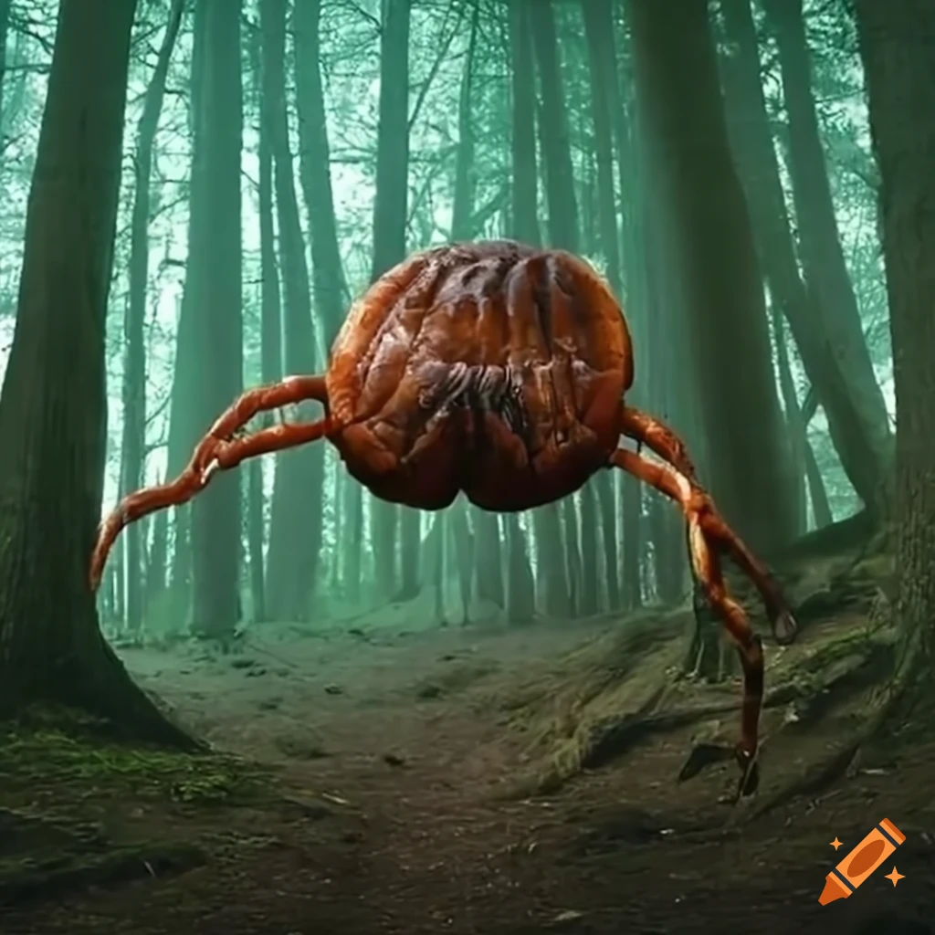 Giant tick looming over hikers on a forest trail on Craiyon