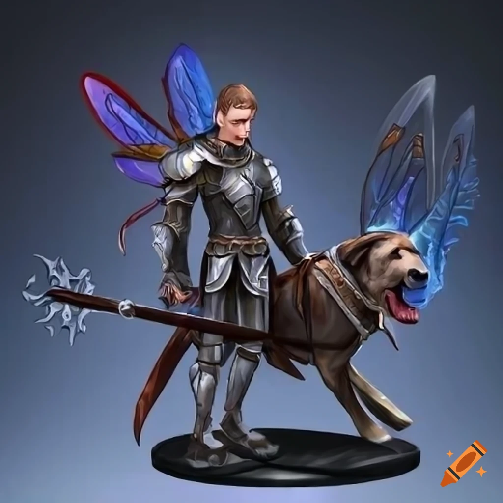 Male fairy paladin riding a dog with a longsword on Craiyon