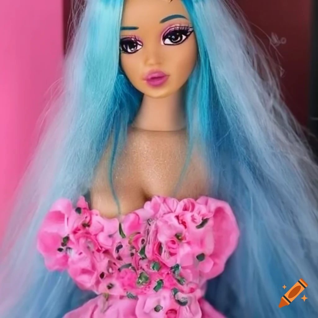 Baddie doll with blue hair and pink flower dress on Craiyon