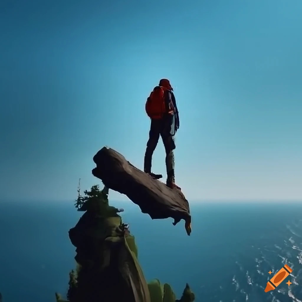 Daring man hiking on a cliff edge on Craiyon